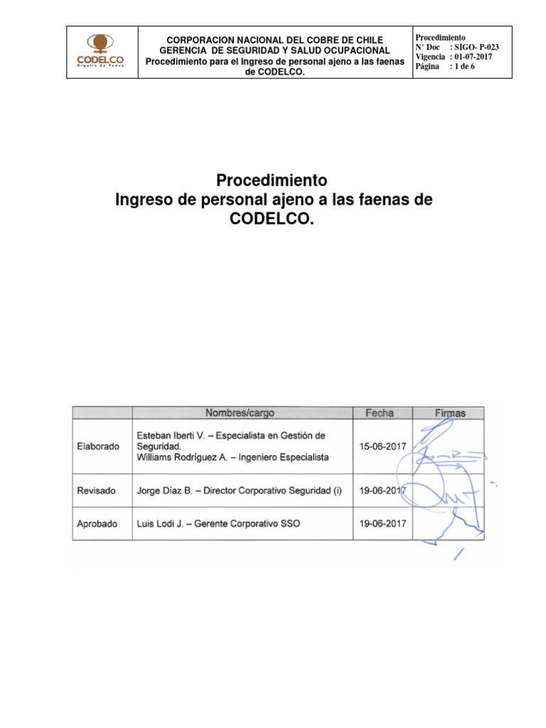 SIGO-P-023 Ingreso de Personal Ajeno A Las Faenas de CODELCO | PDF ...