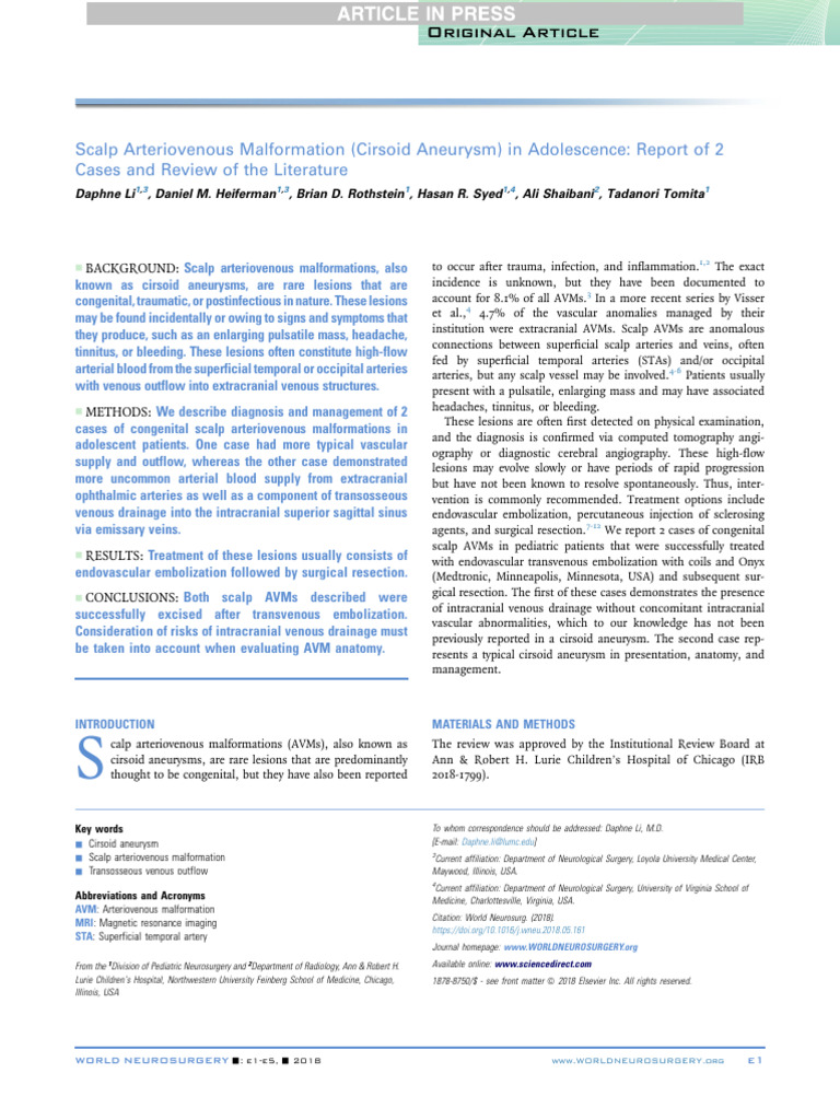Scalp Arteriovenous Malformation (Cirsoid Aneurysm) in Adolescence Con ...