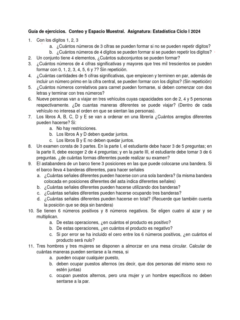 Gu-A de Ejercicios Conteo y Espacio Muestral | PDF