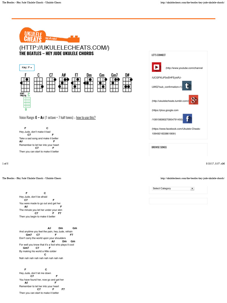Hey Jude F Ukulele Chords - Ukulele Cheats | PDF | Popular Music | Pop Music