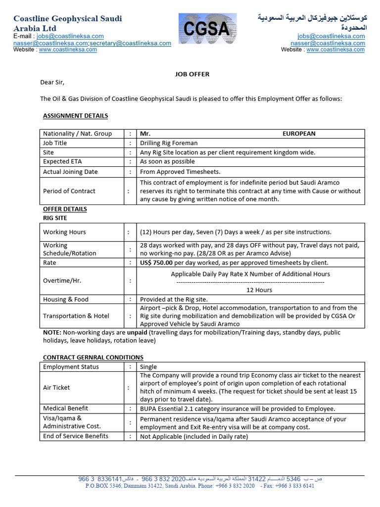 Drilling Rig Foreman Job Offer in KSA | PDF | Employment | Travel Visa