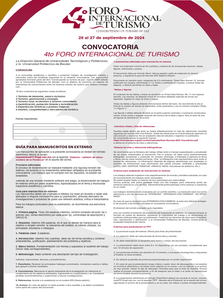 Convocatoria 4to. Foro Internacional de Turismo | PDF | Bibliografía | Turismo