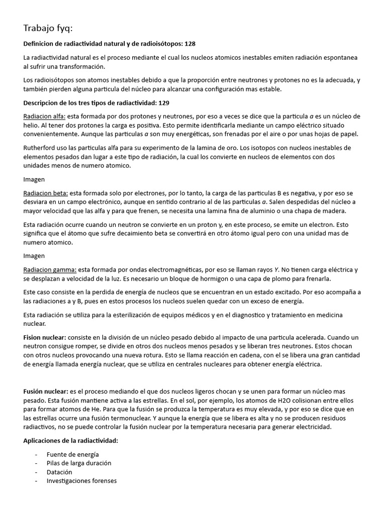 Trabajo Fyq Tema 5 | PDF | Desintegración radioactiva | Núcleo atómico