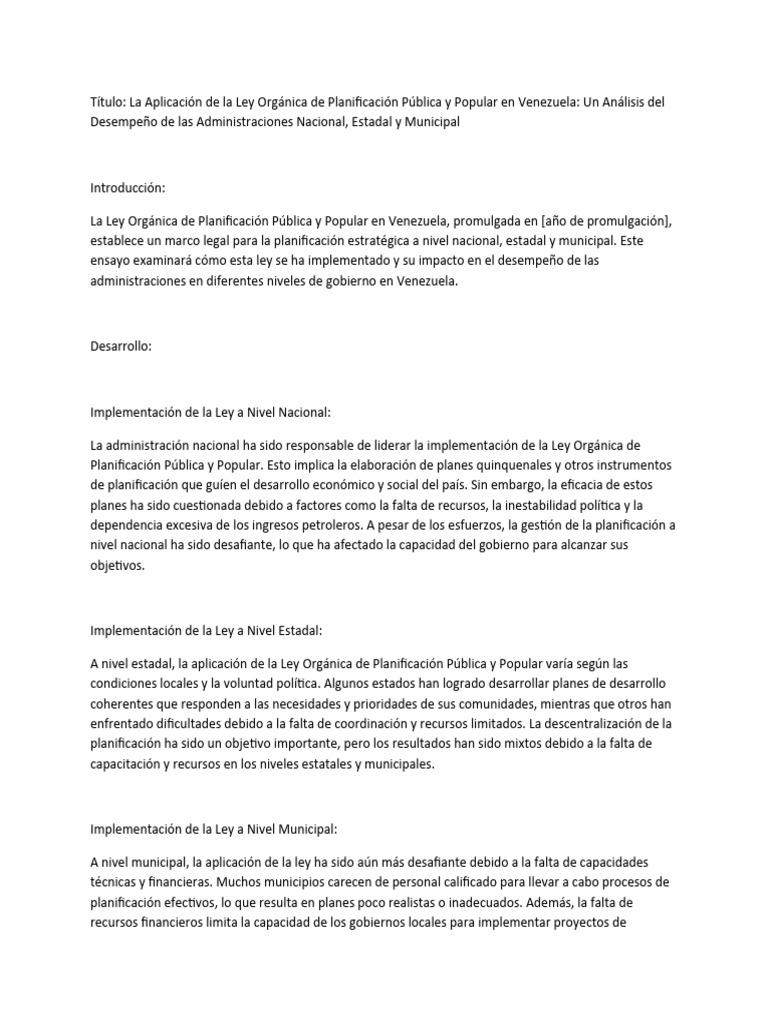 Cono Se Ha Aplicado La Ley Orgánica de Planificación Publica y Popular | Descargar gratis PDF ...