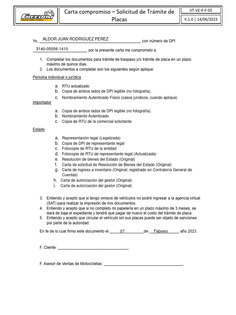 Carta Compromiso para Trámite de Placas | PDF | Negocios | Finanzas y dinero