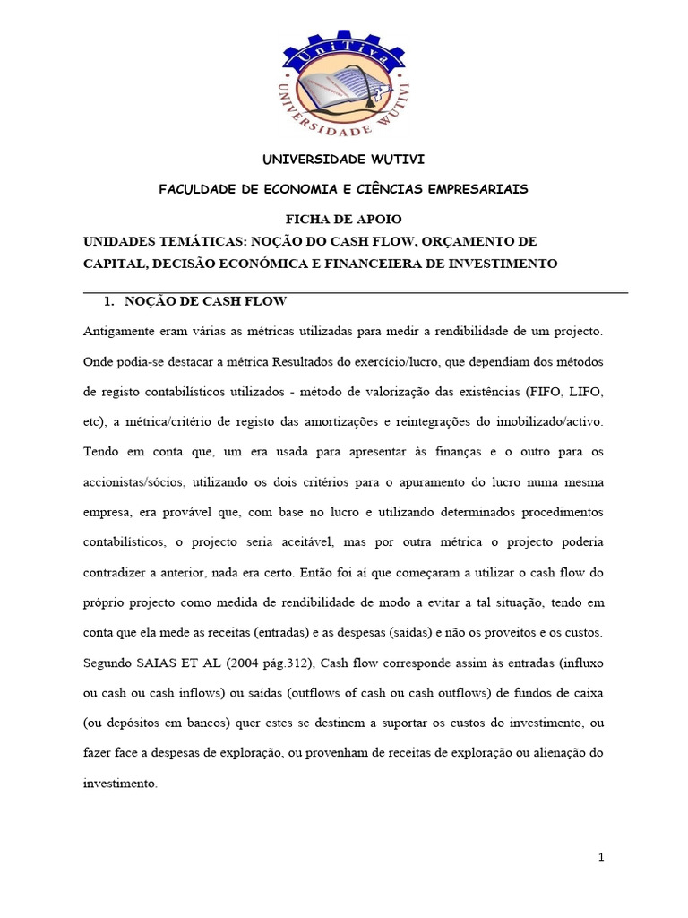 Ficha de Apoio - II Gf-II Cash Flow, Def e Orcamento de Capital | PDF ... Ficha de Apoio - II Gf-II Cash Flow, Def e Orcamento de Capital | PDF ...