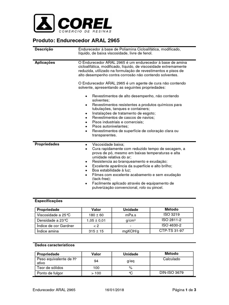 Corel - Endurecedor ARAL 2965 | PDF | Patente | Epóxi