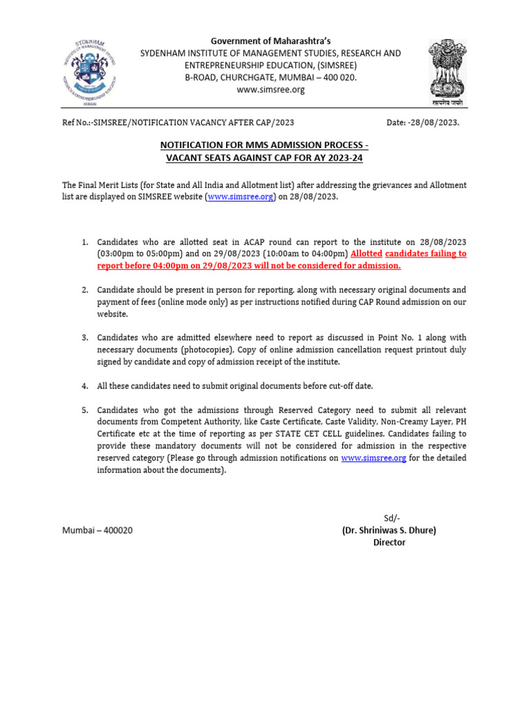 MMS Admission: Vacant Seats Notice | PDF | Business