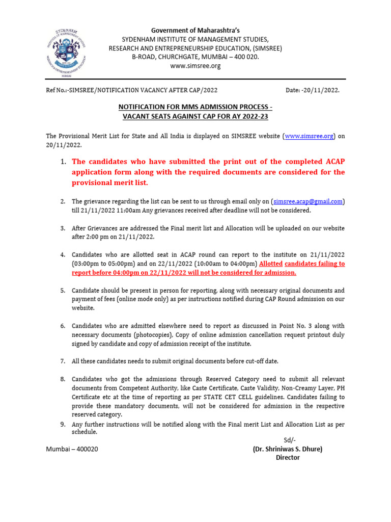 Notification For Mms Admission Process Vacant Seats Agains Cap For Ay ...