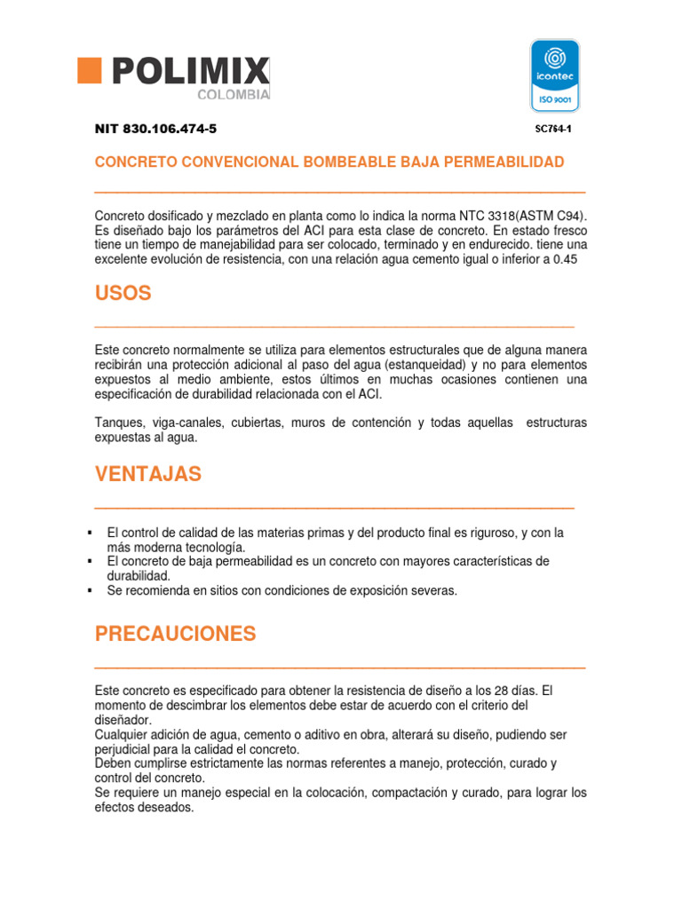 Polimix Concreto Convencional Bombeable Baja Permeabilidad | PDF ...