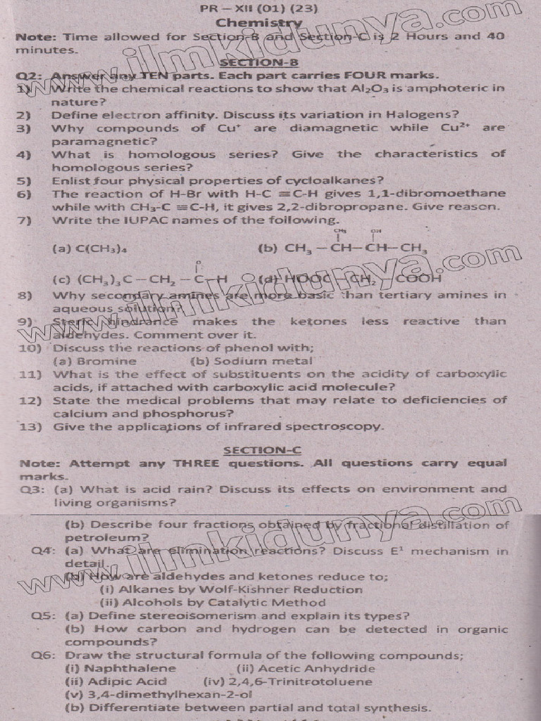 Past Paper 2023 Peshawar Board Inter Part II Chemistry Subjective | PDF