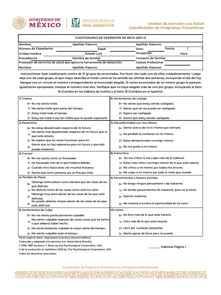 Anexo 15 CUESTIONARIO DE DEPRESIÓN DE BECK (BDI-II) (IMSS B) | PDF