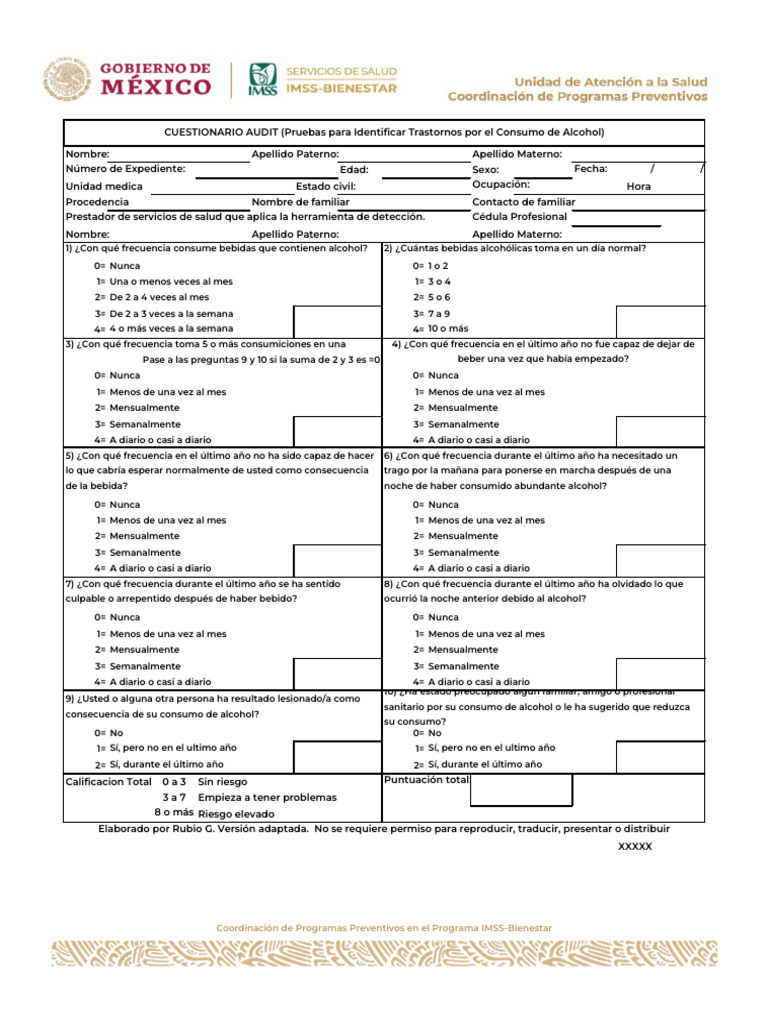 Cuestionario AUDIT para Evaluar Consumo de Alcohol | PDF