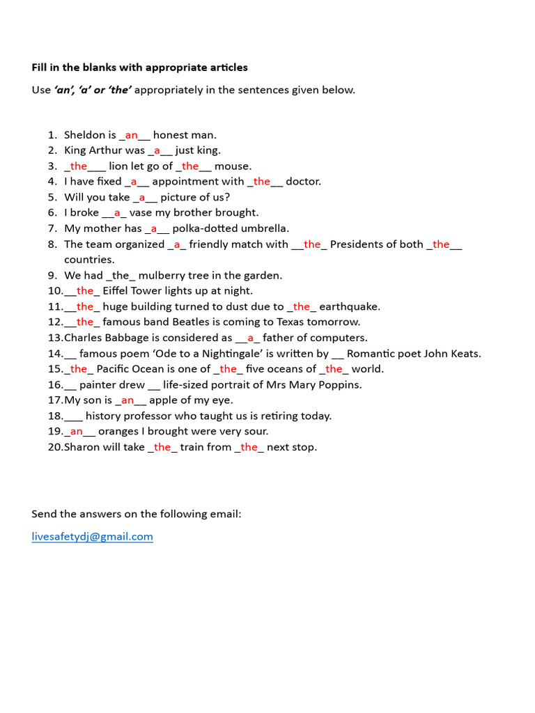 An A The The A The A A A A The The: Fill in The Blanks With Appropriate ...