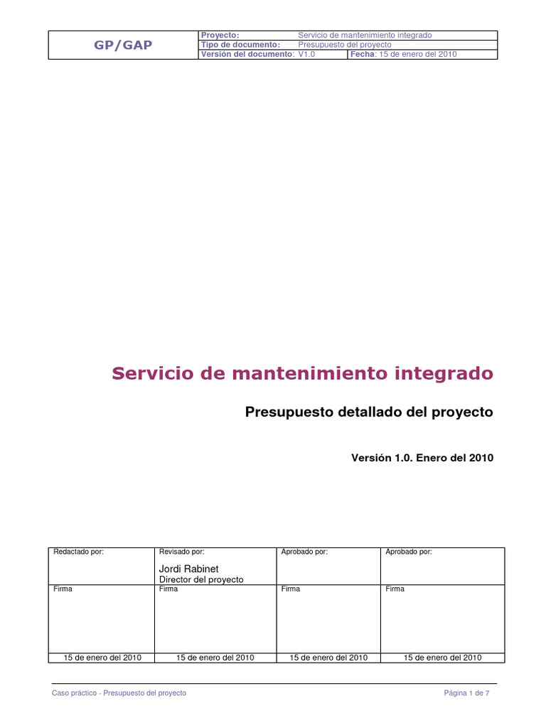 Gestión de Proyectos. Presupuesto Detallado Del Proyecto | PDF ...