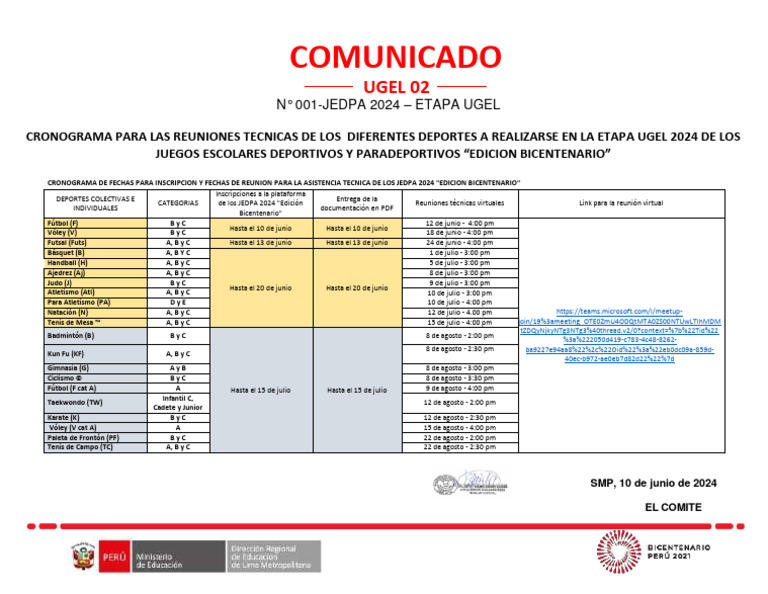 Comunicado Ndeg 001-Jedpa 2024 - Etapa Ugel - Cronograma de Reuniones ...