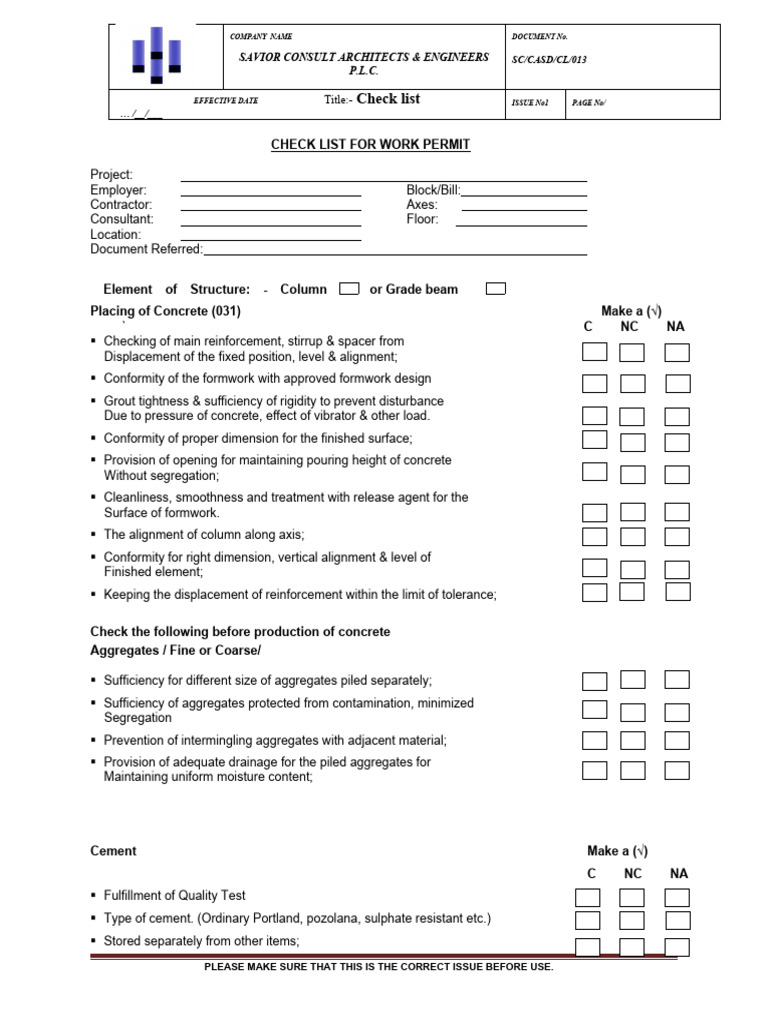 SC CASD CL 013 Placing of Concret For Grade Beam Coloumn Checklist ...