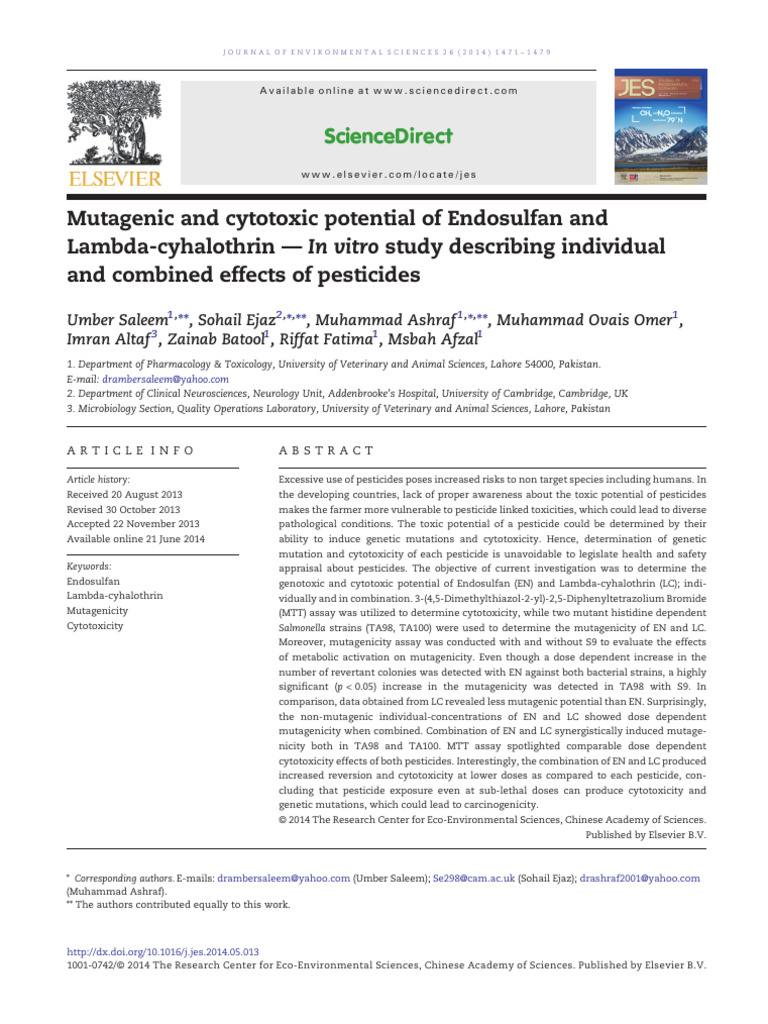 Mutagenic and Cytotoxic Potential of Endosulfan and Lambda-Cyhalothrin ...