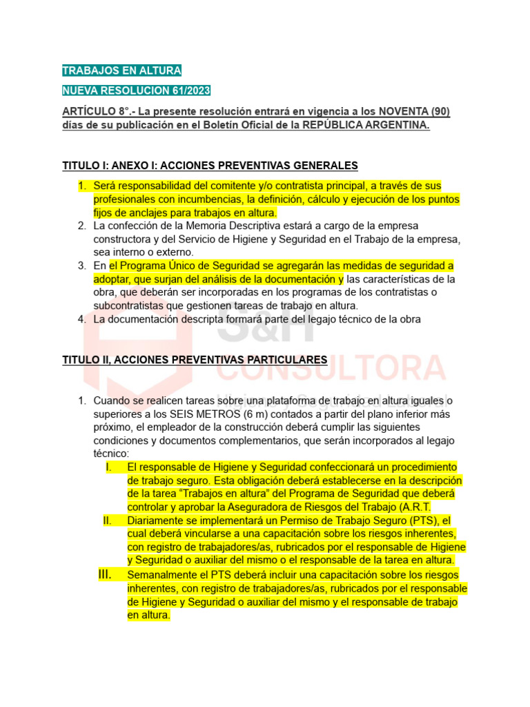 TRABAJOS EN ALTURA RES. 61.2023 | PDF | Andamio | Seguridad y salud ...