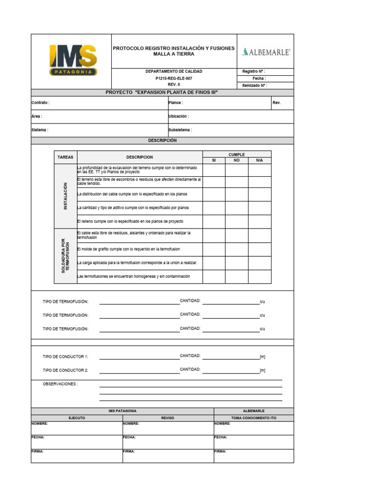 P1215-Reg-Ele-007 Protocolo Registro Inst Alacion Fusión Malla A Tierra ...
