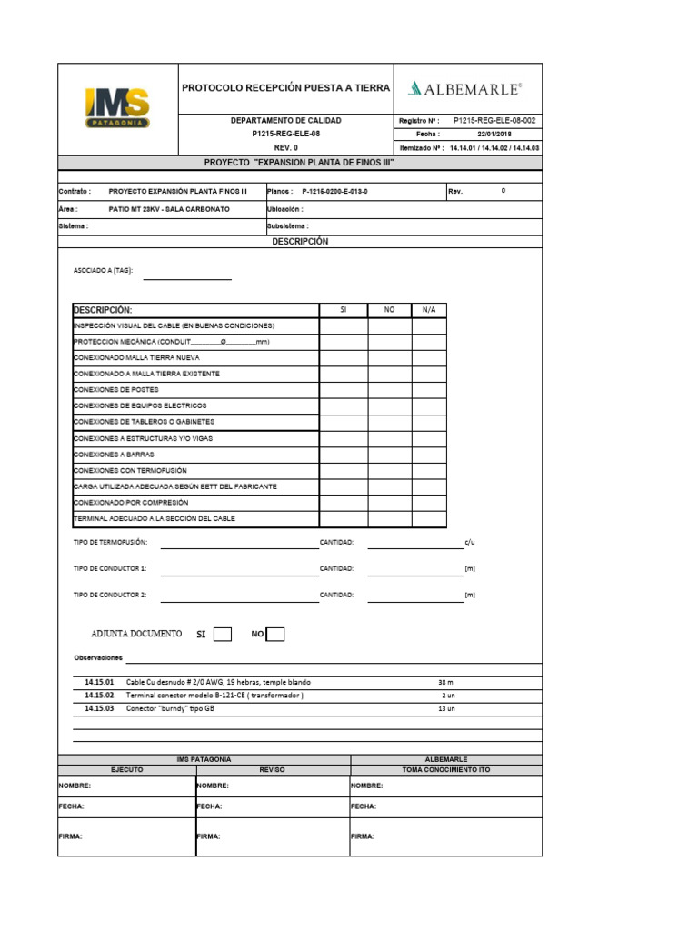 P1215-Reg-Ele-08 Protocolo Recepcion Puesta A Tierra Rev.0 | PDF ...