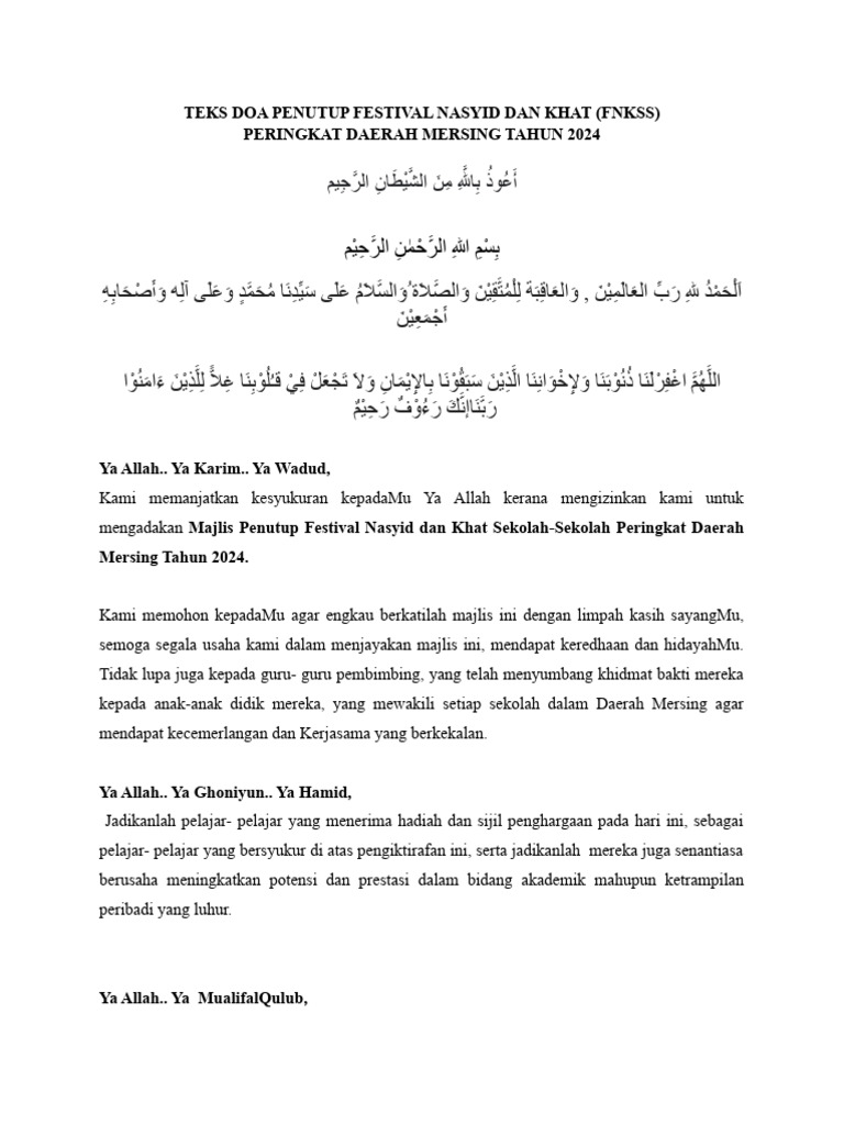 Doa Penutup Festival Nasyid Dan Khat | PDF