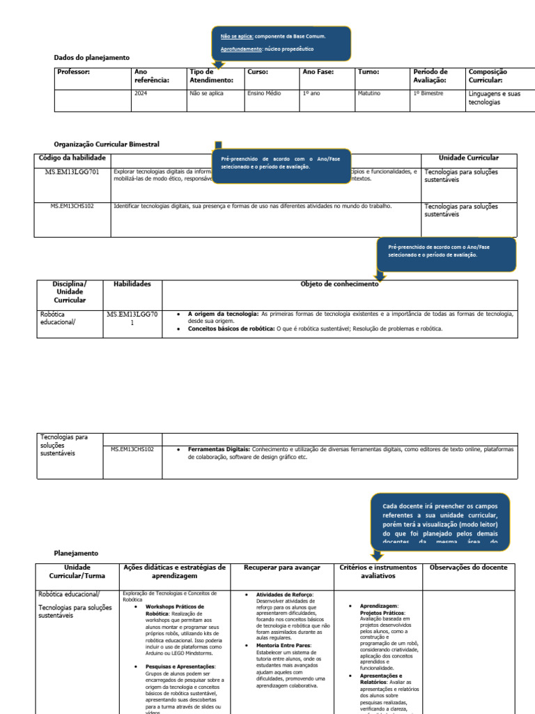 Cópia de Modelo Planejamento - Professor - Bimestral | PDF | Aprendizado | Informática