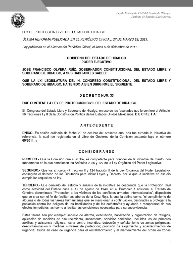 Ley de Proteccion Civil del Estado de Hgo | Descargar gratis PDF | Defensa Civil | Riesgo