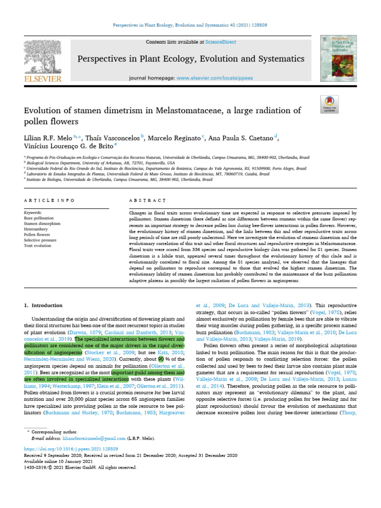 Evolution of Stamen Dimetrism in Melastomataceae, A Large Radiation of ...