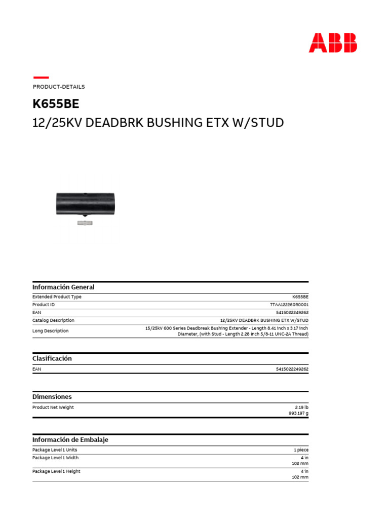 K655be Boquilla Extension, Operación Sin Carga, 600 A., 15 Kv. Elastimold | PDF