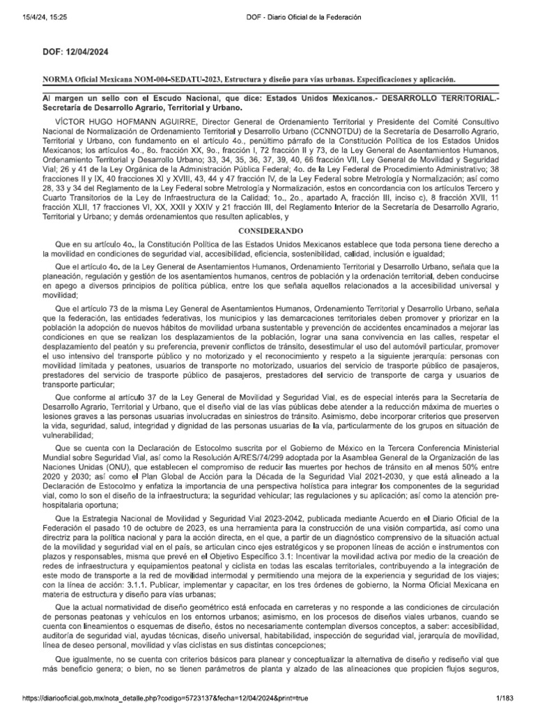NOM-004-SEDATU-2023 Estructura y Diseño para Vías Urbanas 12.04.24 | PDF