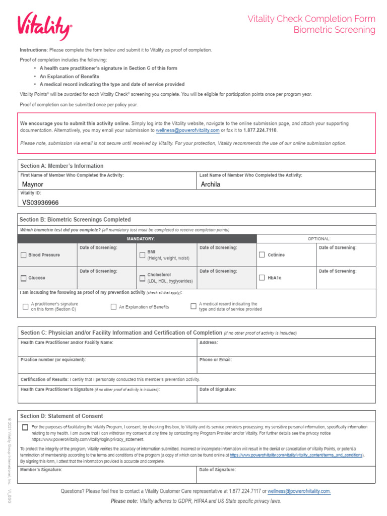 VitalityForm VC BiometricScreening 2022 GDPR | PDF | Physician | Health ...