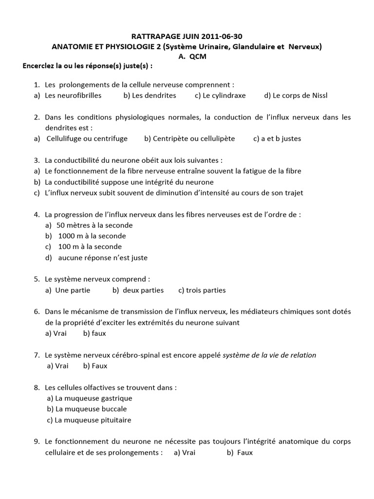 QCM Anatomie, Physiologie et Pathologies | PDF | Neurone | Microbiologie