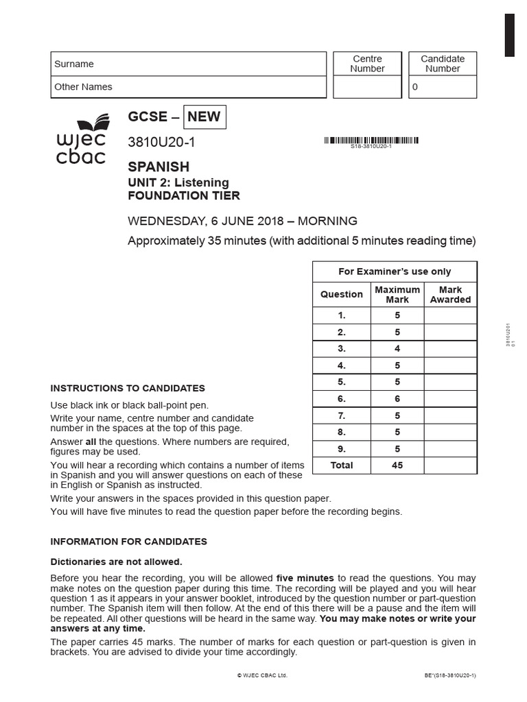 Gcse Wjec Spanish Past Paper 2018 | PDF