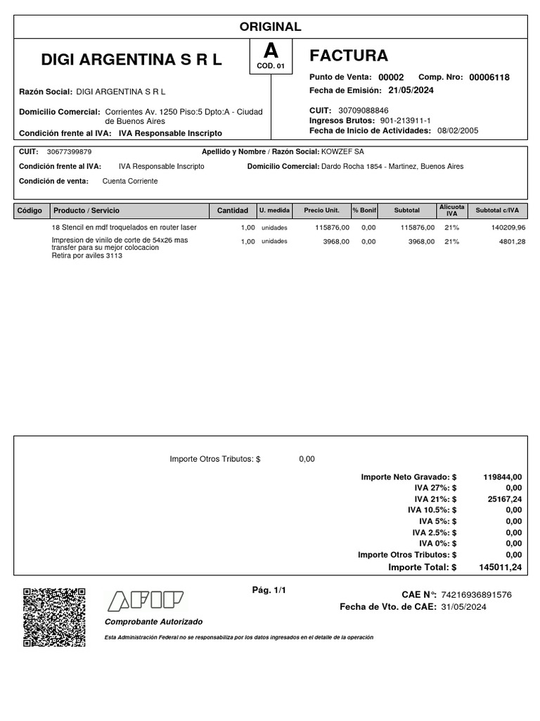 Factura Digital KOWZEF SA - DIGI ARGENTINA | PDF