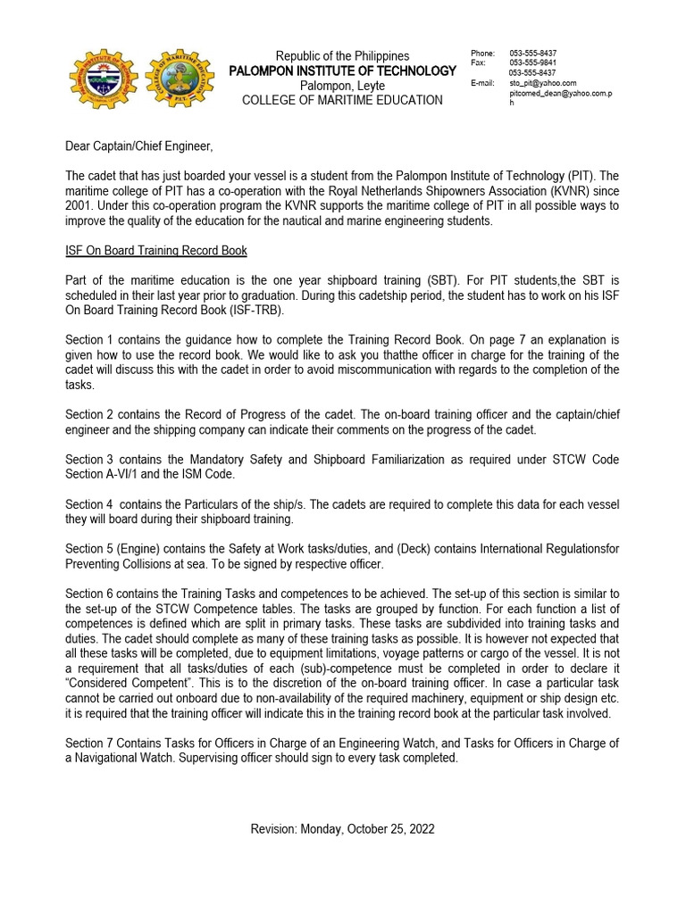 Letter Captain Chief Eng Revised May 2019 | PDF | Shipping