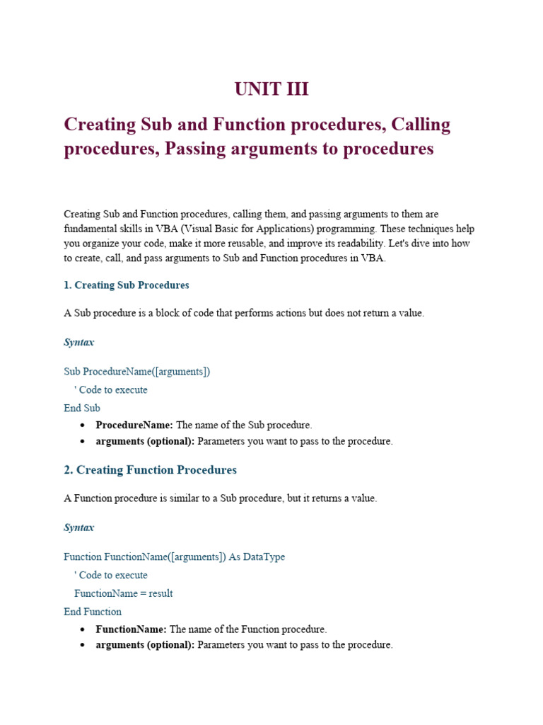 Vba Unit Iii Pdf Parameter Computer Programming Visual Basic