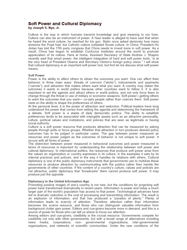 Soft Power and Cultural Diplomacy | PDF | Soft Power | Power (Social And Political)