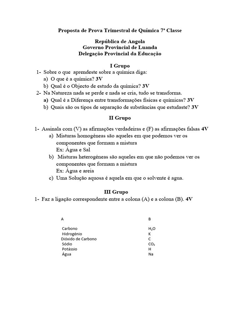 Prova Trimestral de Química Da 7, 8 e 9 Classe (COLÉGIO ZELY) | PDF | Química | Átomos