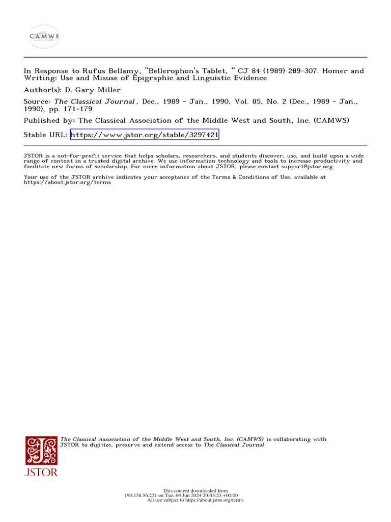 Miller, D. G. (1989) - in Response To Rufus Bellamy, Bellerophon's ...