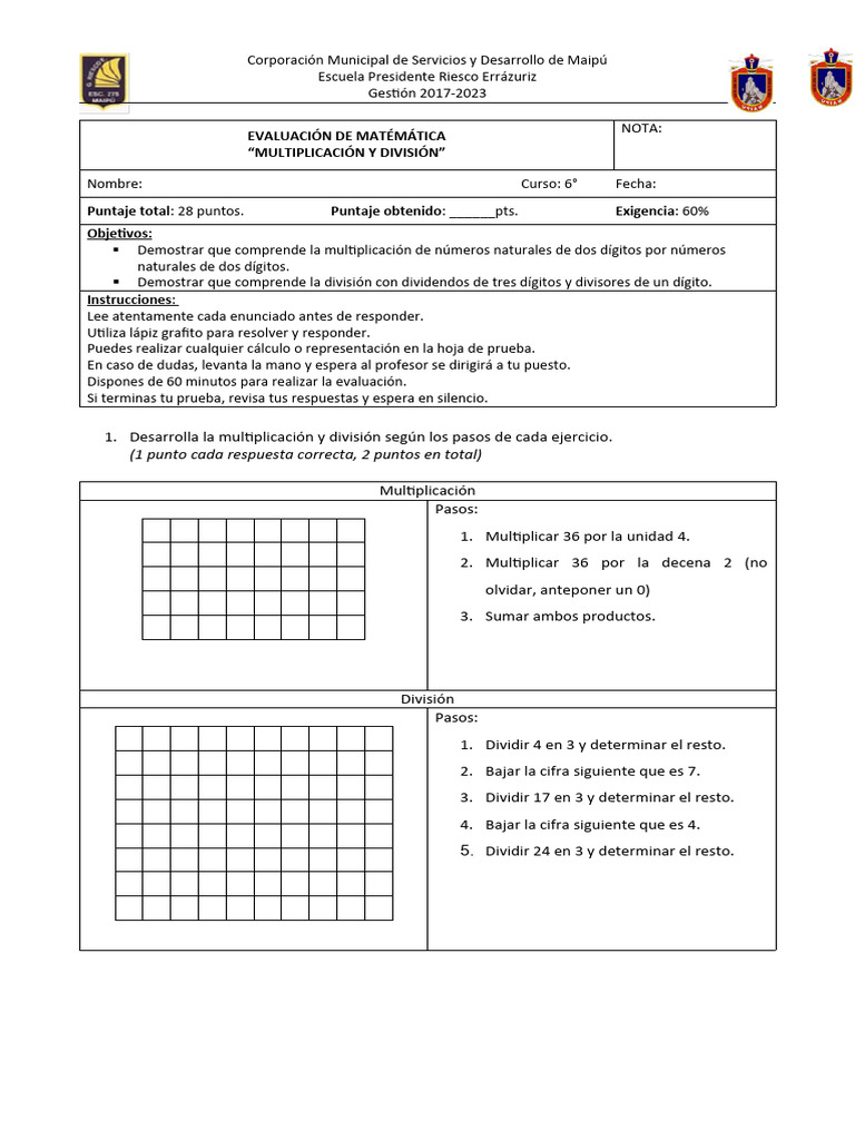 Prueba 6° Multiplicación y División 2023 | PDF | División (Matemáticas ...