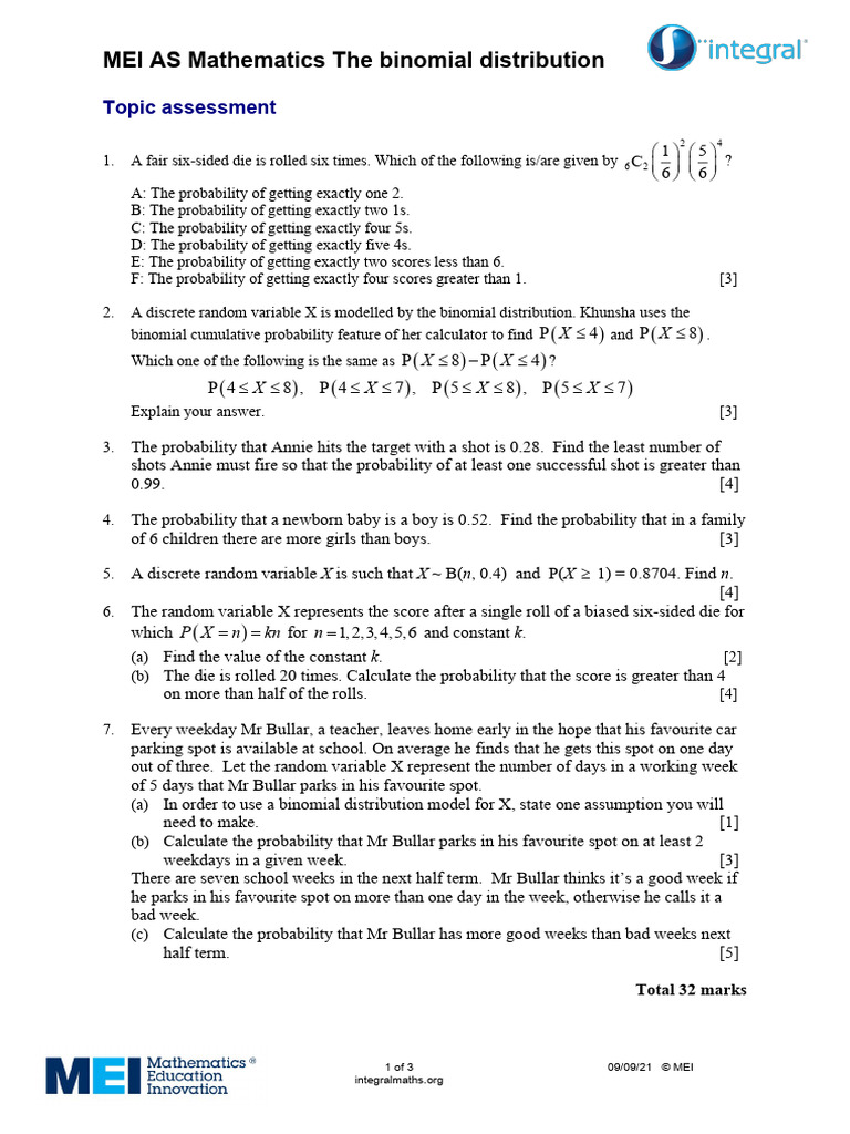 Binomial Distribution Integral OCR MEI | PDF | Measure Theory | Statistical Models