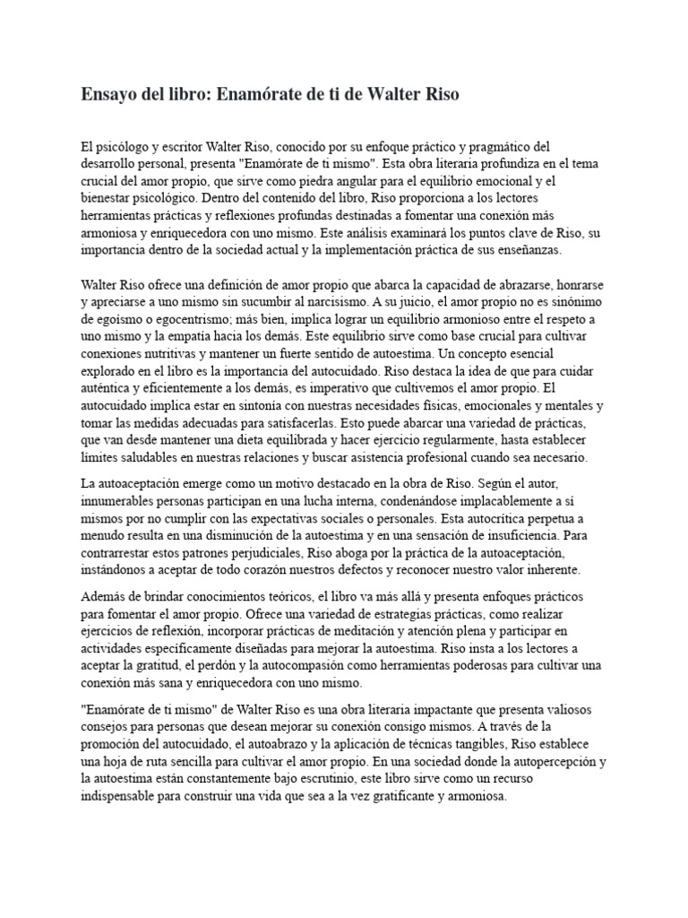 Ensayo Del Libro Enamórate de Ti de Walter Riso | PDF | Autoestima | Amor