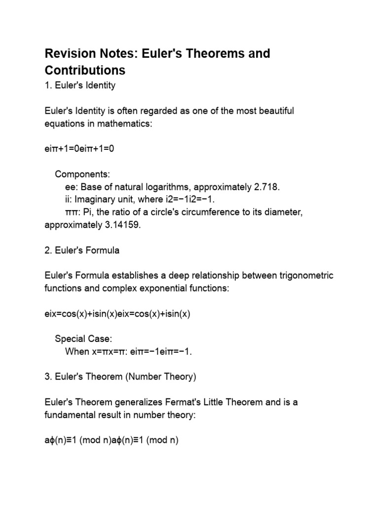 Revision Notes - Euler's Theorems and Contributions | PDF | Equations ...