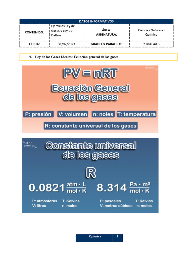 2BGU - Ley de Gases y Ley de Dalton | PDF | Gases | Mole (Unidad)