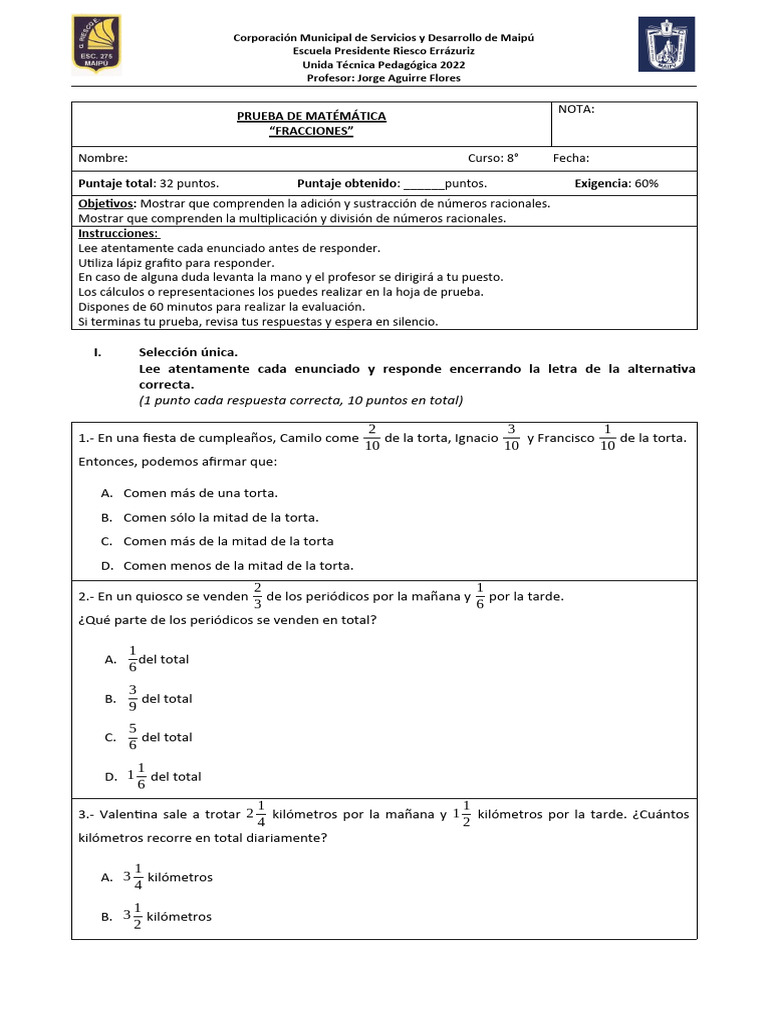 Prueba de Matemáticas: Fracciones 8° Básico | PDF | Litro