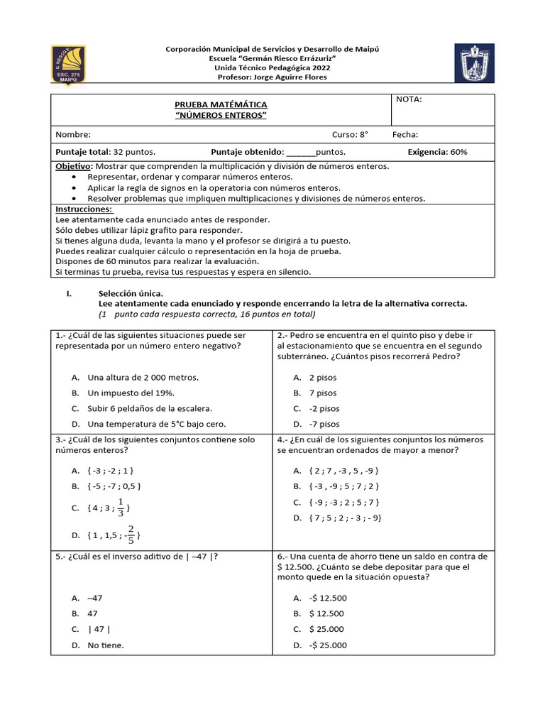 Prueba 8° 2022 N Enteros Multiplicación | PDF | Multiplicación | Entero