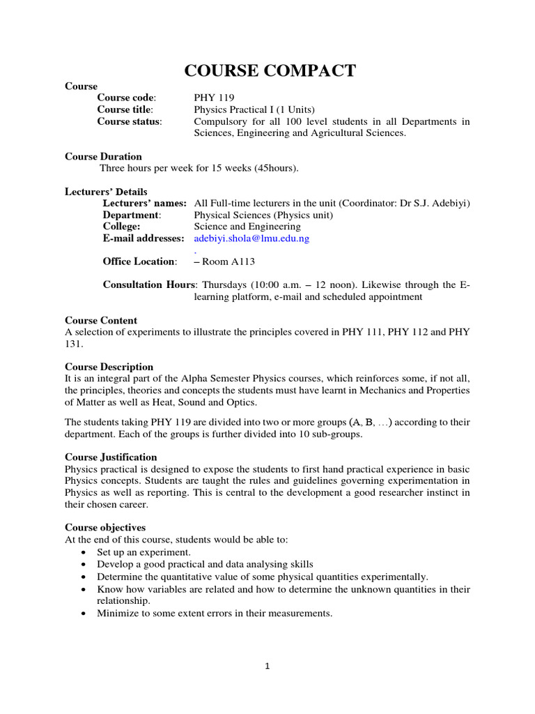 Phy 119 Course Compact - 2018 - 2019 | PDF | Physics | Mathematics