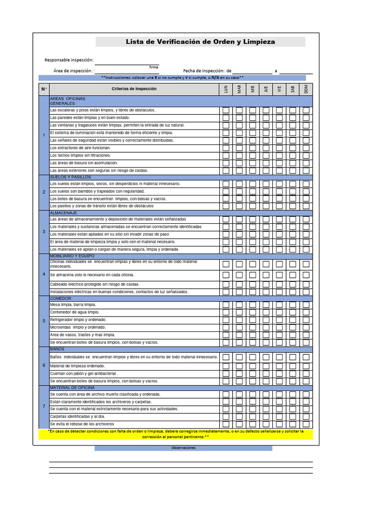 Check List de Orden y Limpieza | PDF Check List de Orden y Limpieza | PDF