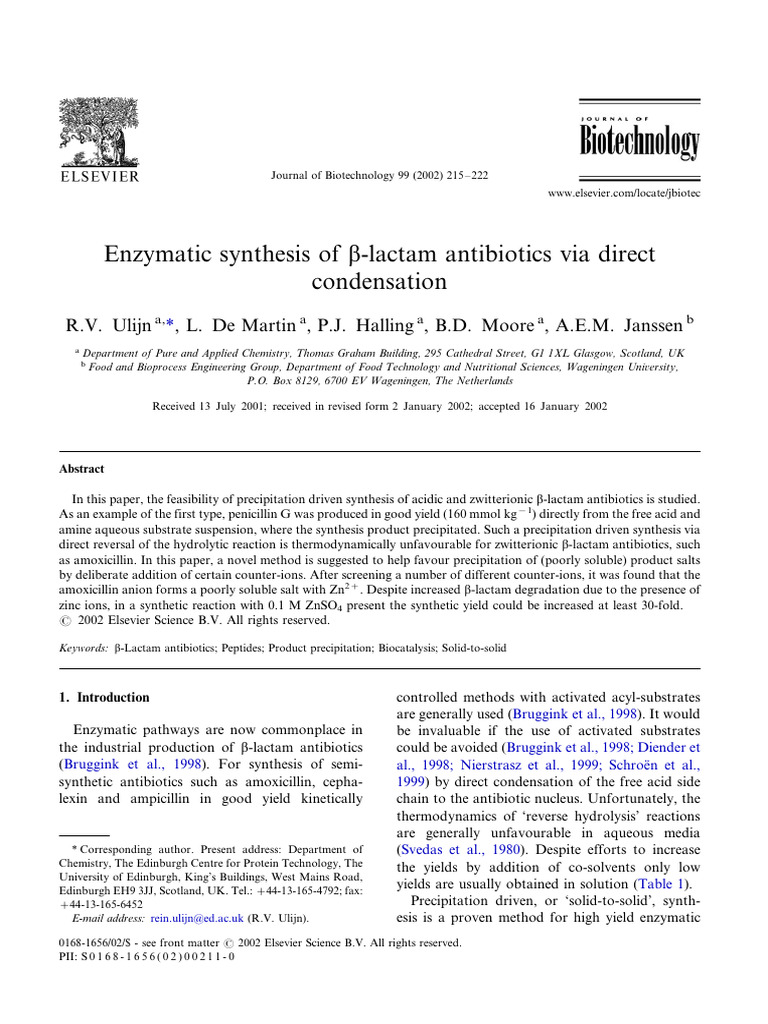 Enzymatic Synthesis of B-Lactam Antibiotics Via Direct Condensation ...